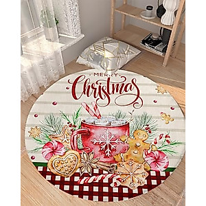 Christmas Fluffy Round Area Rug Carpets 5ft, Plush Shaggy Carpet Soft Circular Rugs, Non-Slip Fuzzy Accent Floor Mat for Living Room Bedroom Nursery Home Decor Farmhouse Country Buffalo Plaid Red