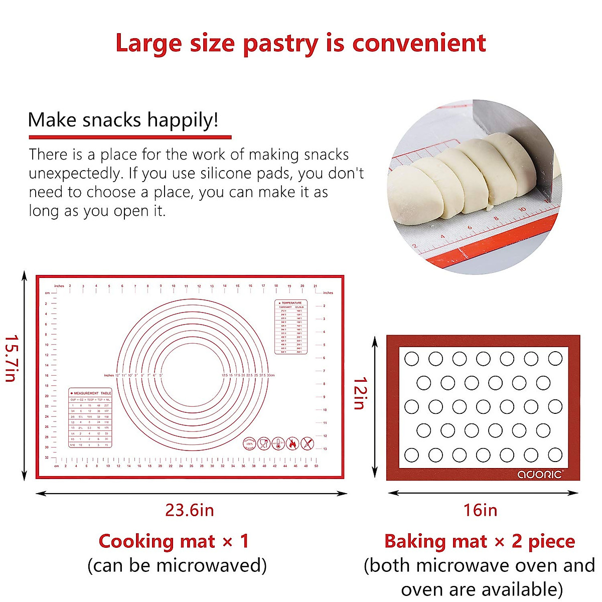 Silicone Pastry Mat 16x24 with Measurements，2 Pack Non-Stick Baking Mat Non-slip Dough Rolling Mat, Reusable Silicone Counter Mat for Making Cookies,Macarons,Bread and Pastry