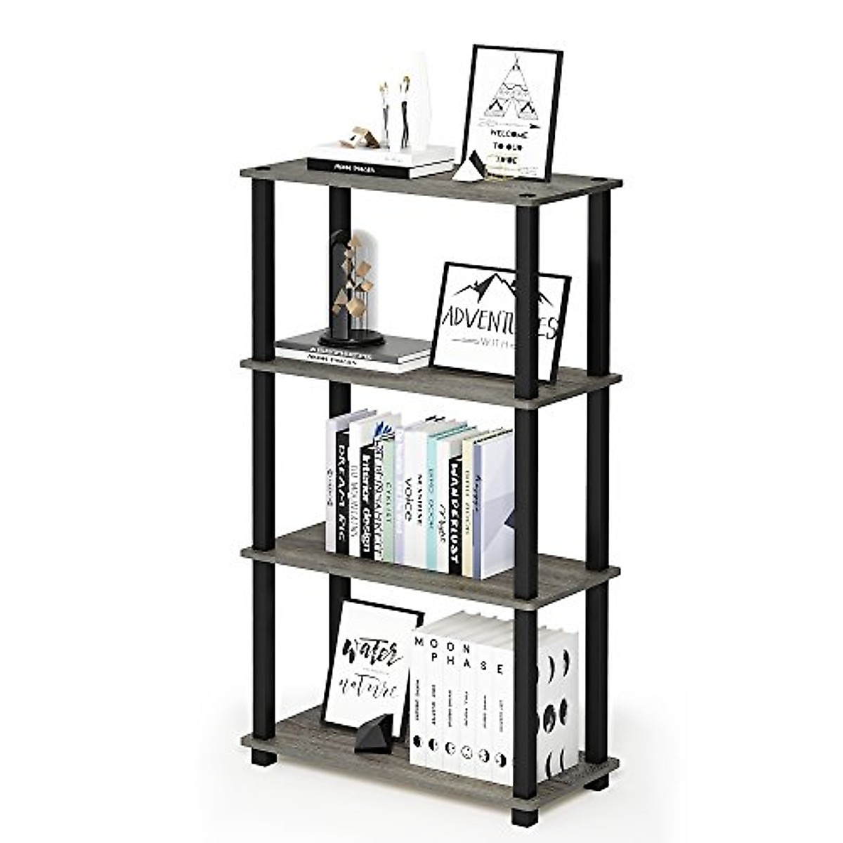 Furinno Turn-N-Tube 4-Tier Multipurpose Shelf Display Rack, Square Tube, French Oak Grey/Black