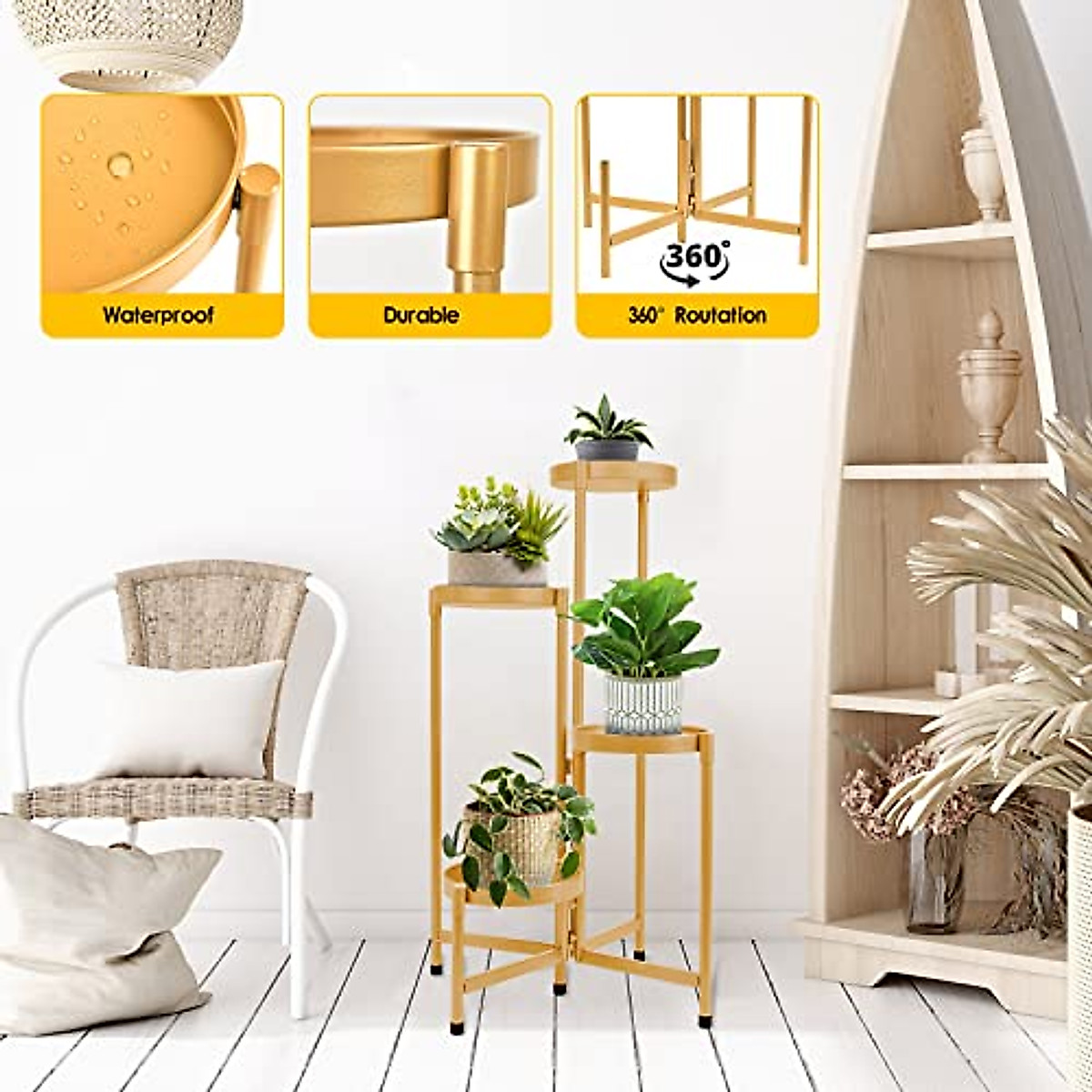 HOEGMST 4 Tier Plant Stand Indoor Outdoor, 31 Inch Tall Metal Plant Shelf Waterproof, Plant Holder with Folding Design For Home, Living Room, Gold