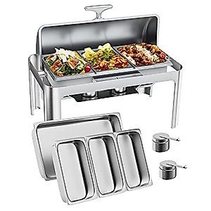 Halamine Roll Top Chafing Dish Buffet Set, 9 Qt Stainless Steel Catering Chafer Server with 3 1/3 Size Pans Rectangle Catering Warmer Server for Wedding, Parties, Banquet, Catering Events, Graduation