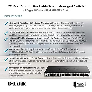 D-Link 52-Port Gigabit Stackable Smart Managed Switch with 10G Uplinks | 48 Gigabit Ports + 4 10GbE SFP+ Ports| L2+/L3 Lite |VLANs |Web Managed |Surveillance Mode |NDAA Compliant (DGS-1510-52X)