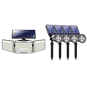 URPOWER 2-in-1 Waterproof 4 LED Solar Spotlight Adjustable Wall Light Landscape Light & 1000LM 130 LED Solar Motion Sensor Lights, 3 Adjustable Heads Solar Flood Lights for Patio,Garden(4pack+1pack)