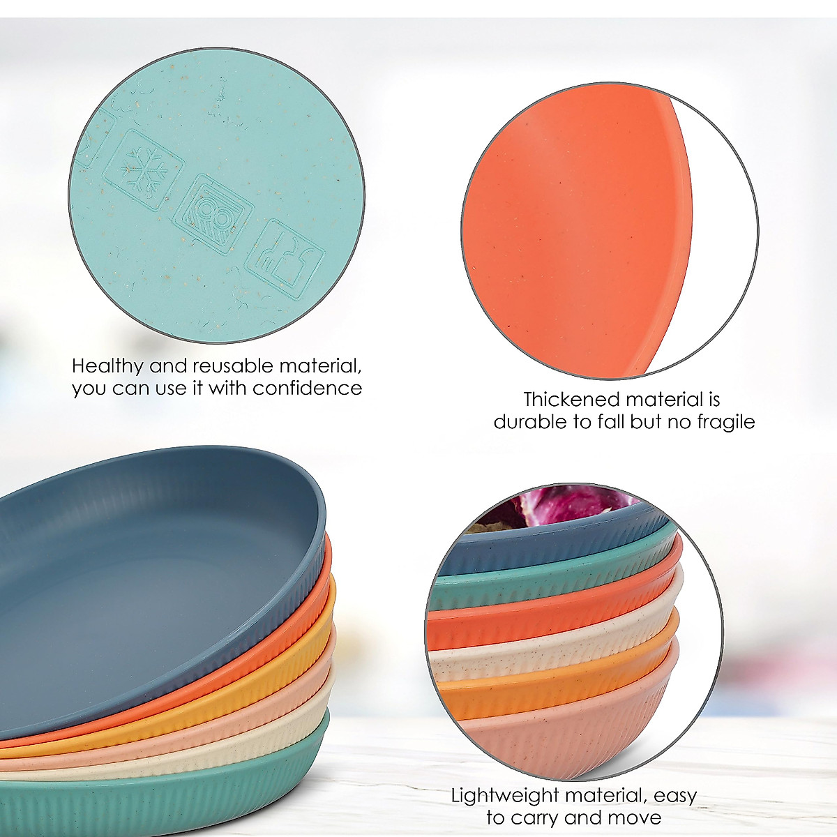 Phyllia Set of 6 Wheat Straw Plates, 9 Inch Unbreakable Deep Dinner Plates, Microwave and Dishwasher Safe Plastic Plates Reusable, Lightweight Plates for Kitchen Camping, Picnic, Party, Dorm