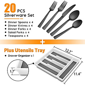 Homikit 20 Pieces Matte Black Silverware Set with Tray, Stainless Steel Flatware Cutlery for 4, Fancy Metal Eating Utensils Include Knife Forks Spoons, Nice Tableware for Home Party, Dishwasher Safe