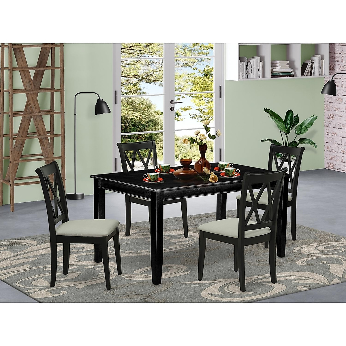 HomeStock Southwestern Sensibilities 5Pc Dining Set includes A Rectangle Dining Table and Four Double X Back Linen Seat Kitchen Chairs, Black Finish
