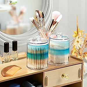 xigua 2 Pack Summer Beach Pattern Apothecary Jars with Lid, Qtip Holder Storage Containers for Cotton Ball, Swabs, Pads, Clear Plastic Canisters for Bathroom Vanity Organization (10 Oz)