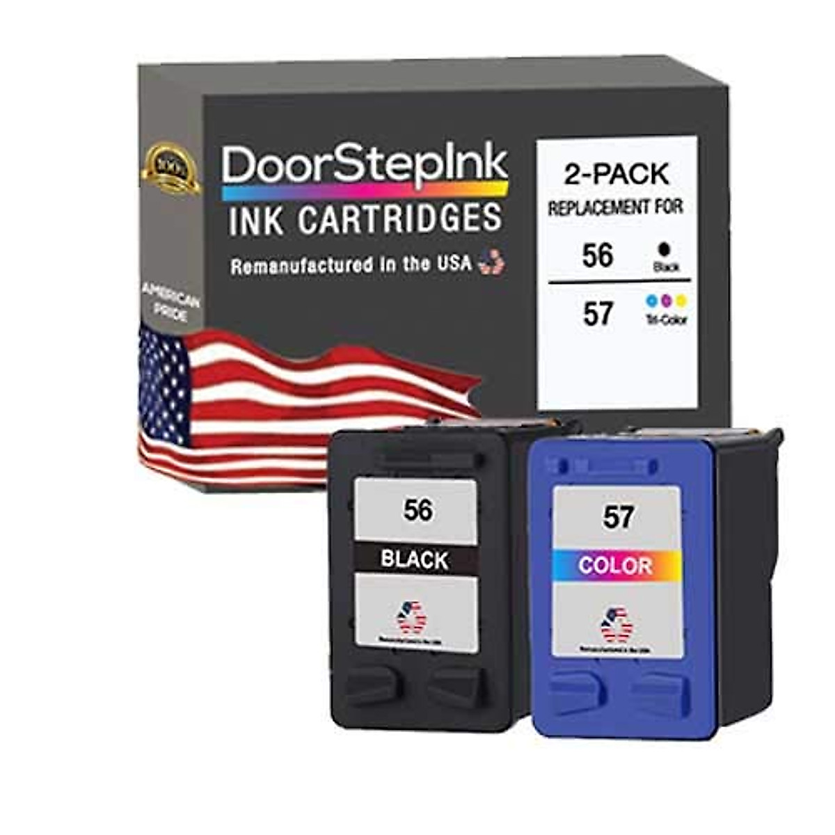 DoorStepInk Remanufactured in The USA Ink Cartridge Replacements for HP 56 & 57 C9321BN C6656AN C6657AN Black and Tri-Color Combo Pack for Use with Deskjet, Photosmart, PSC Printers