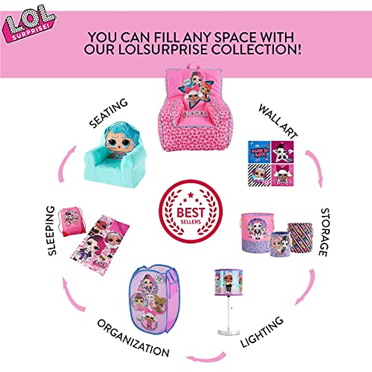 Idea Nuova LOL Surprise Pop Up Hamper, Pink with Durable Carry Handles, 21" H x 13.5" W X 13.5" L