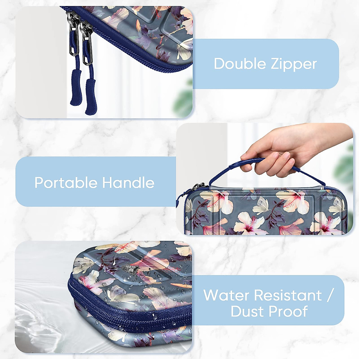 Fintie Carrying Case for Nintendo Switch OLED Model 2021/Switch 2017, [Shockproof] Hard Shell Protective Cover Travel Bag with 10 Game Card Slots & Inner Pocket, Hibiscus