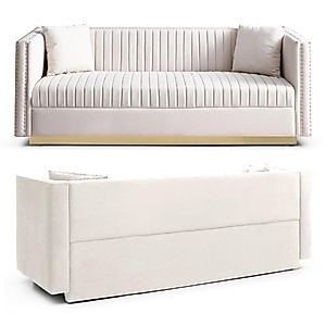 mikibama Modern Velvet Loveseat Sofa, 78 Inch Channel Tufted Sofa Couch, Luxury 3 Seater Couch with 2 Pillows and Gold Metal Legs for Living Room, Bedroom, Apartment (Beige)