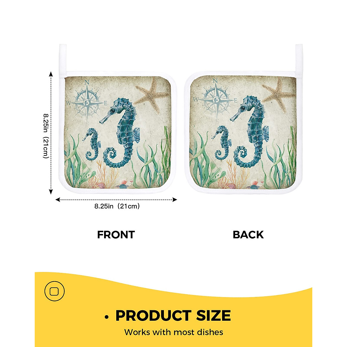 Pot Holder Set of 4 Ocean Seahorse Seaweed Potholder Heat Proof Non-Slip Pot Holders,Retro Nautical Compass Hot Pads Potholders for Kitchen Cooking Baking BBQ