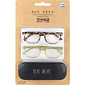 Rae Dunn "JUDY Blue Light Blocking Reading Glasses - 2 Pack w/READ MORE Signature Font Hard Case (Milky Tort/Milky Kiwi, 1.5)