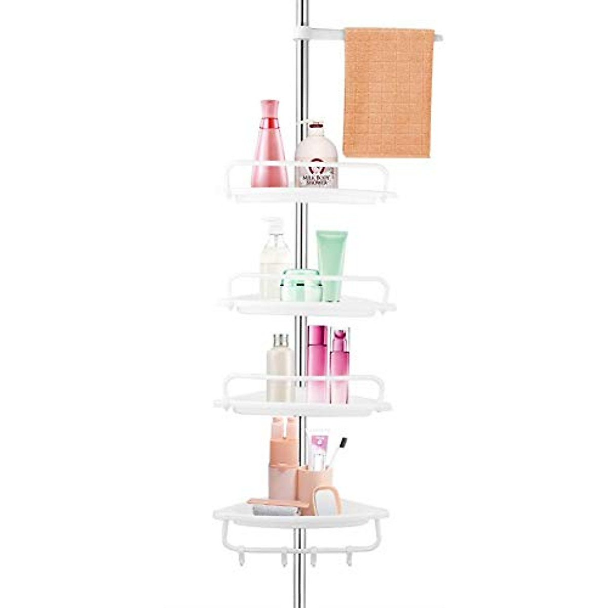 Corner Shower Caddy,4 Tier Height Adjustable White Plastic Tension Bathroom Corner Shelf Bath Shower Pole Storage Rack Tower Organizer Basket Storing Shampoo, Conditioner, Soap (4 Tier Plastic)