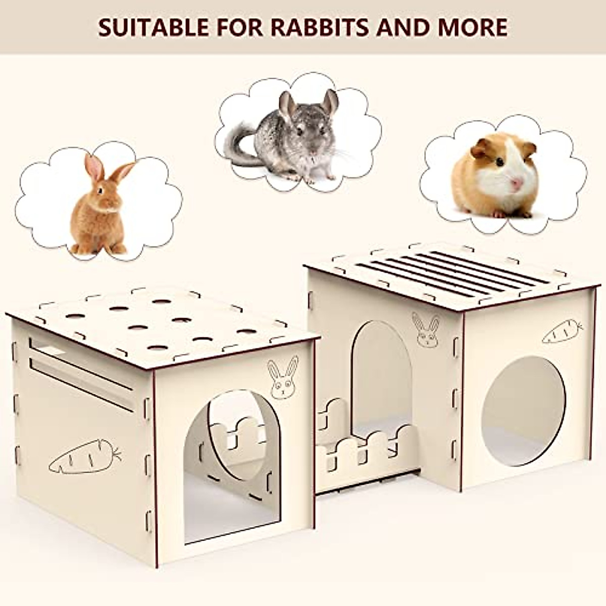 Woiworco Large Rabbit Houses and Hideouts, Wooden Rabbit Castle Bunny Hideout, Rabbit Tunnel Hideout Bunny Playhouse Houses, Spacious Breathable Habitats for Hamsters and Guinea Pigs Hut to Hide