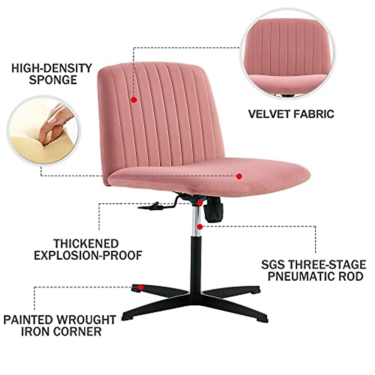Velet Armless Office Chair no Wheels, PU Leather Home Desk Chair Height Adjustable Wide Swivel Office Chair no Arms, Mid Back Ergonomic Cross Legged Office Chair Pink