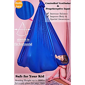 Indoor Sensory Swing for Kids with Mounting Hardware, Double-layer Clothes Indoor Swing Hanging Hammock Chair Lycra Cuddle Pod Therapy Swings for Autism Child with Special Needs(Blue)