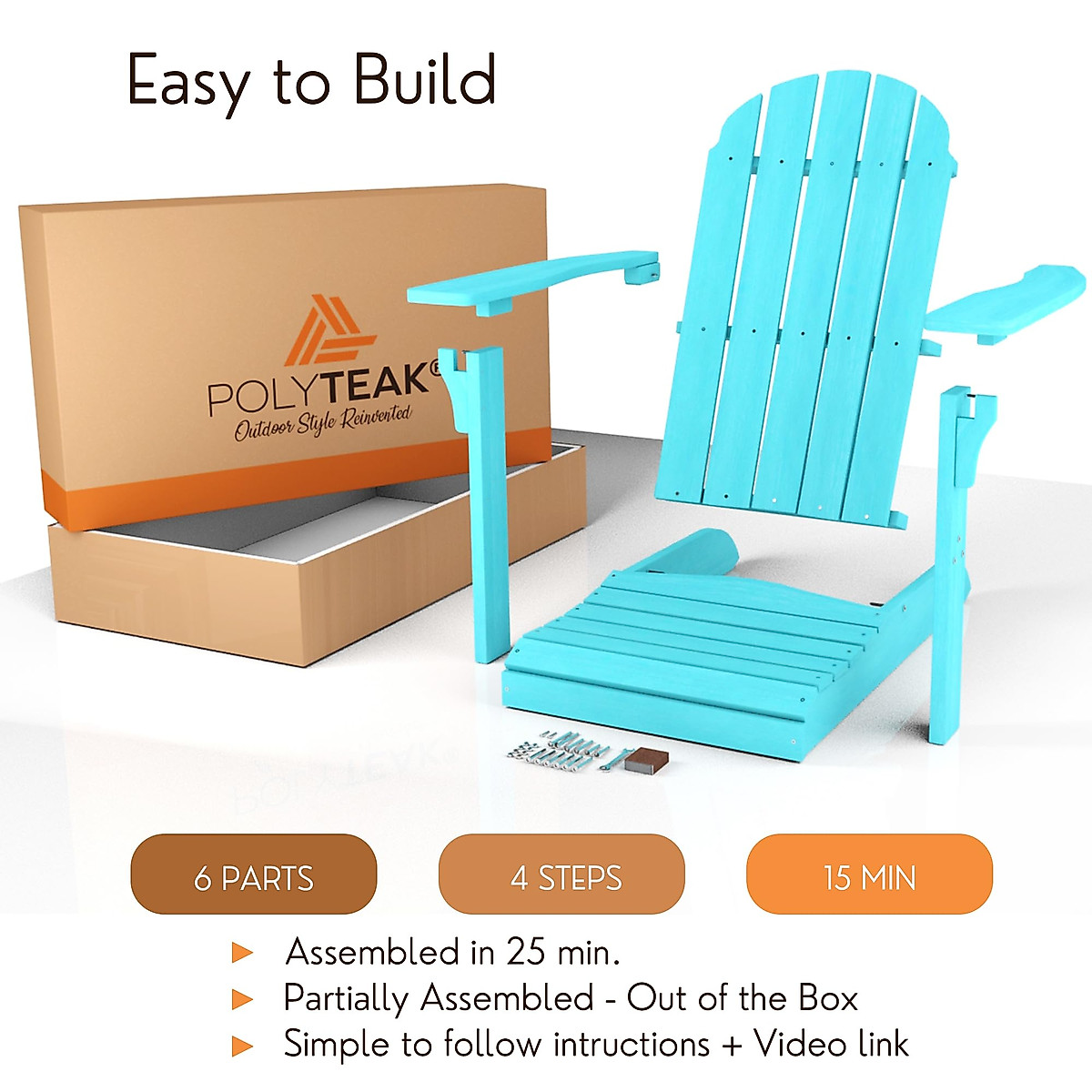 PolyTEAK Adirondack Chair, Premium Weather Resistant Poly Lumber, Outdoor Patio Furniture, Up to 300 lbs, Plastic Adirondack Chairs for Porch, Deck, & Pool Side (Traditional, Blue)