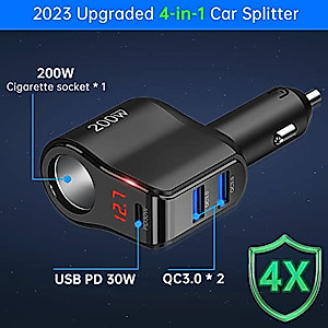 200W PD USB C Car Charger Adapter: 12V Cigarette Lighter Socket Splitter 12 Volt DC Plug Multi Way Auto Power Outlet with LED Voltmeter Switch Dual Type C Port for iPhone Samsung Phone GPS Dash Cam