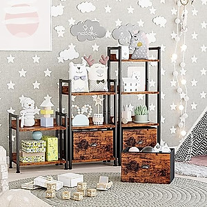 Furologee 3 Tier Bookshelf with Drawer, Small Bookcase with Shelves, Short Wood and Metal Book Shelf Storage Organizer, Industrial Freestanding Shelf Units for Bedroom, Living Room, Dorm, Rustic Brown