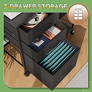 DEVAISE 3 Drawer Mobile File Cabinet, Rolling Printer Stand with Open Storage Shelf, Fabric Lateral Filing Cabinet fits A4 or Letter Size for Home Office, Black