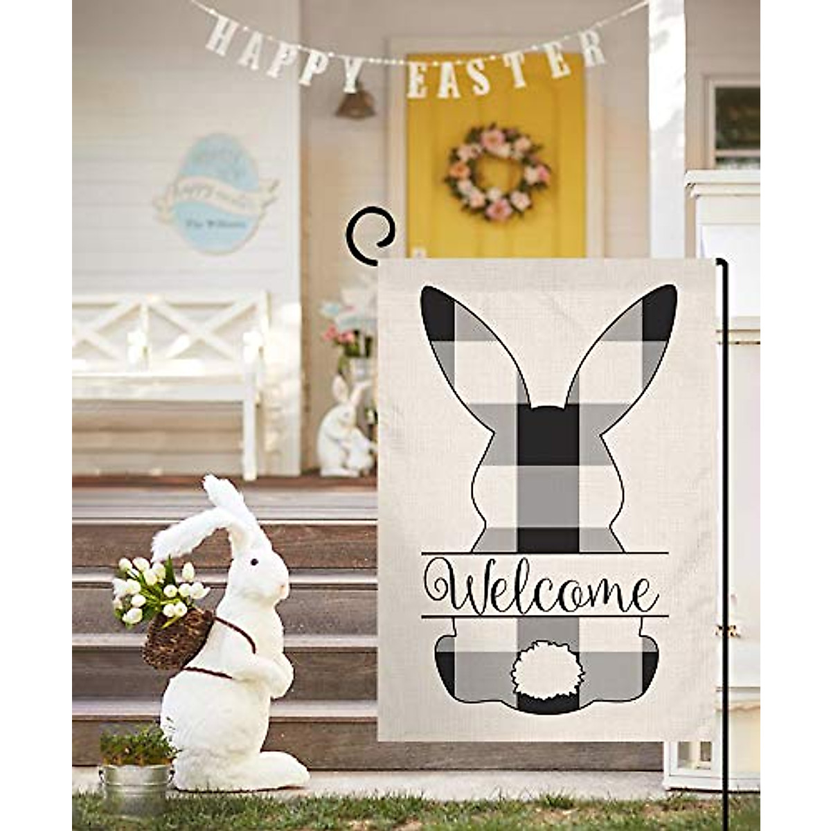 Welcome Easter Bunny Spring Small Garden Flag Farmhouse Vertical Double Sided Burlap Yard Outdoor Decor Black 12.5 x 18 Inches (110756)