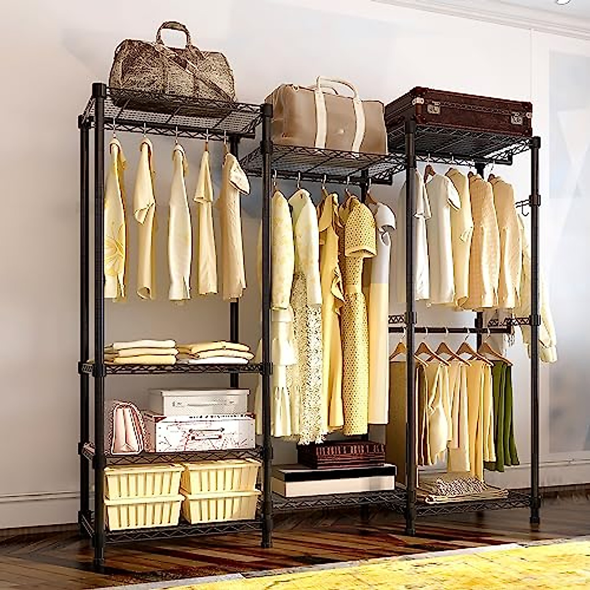 Karl home 4 Tiers Wire Garment Rack Heavy Duty Clothes Rack, Portable Closet Organizers Storage Clothing Wardrobe Freestanding Adjustable Shelves with 4 Rods Hooks, Metal Load 800LBS 68.5x15.7x70.8