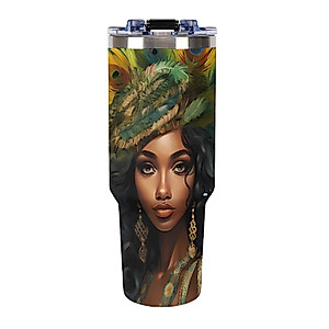 African American Women 40 Oz Tumbler with Handle Insulated Stainless Steel Travel Coffee Mug Leakproof Water Bottle Black-Color