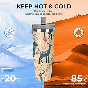 30oz Stainless Steel Insulated Tumbler with Flip Lid & Straw, Leakproof Travel Mug for Car, Deer Pattern Double Wall Vacuum Thermal Coffee Cup with Handle, Spill-Proof Design for Hot/Cold Drinks