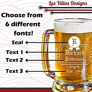 Personalized 16.oz Beer Mug | Badge Design | Clear Glass | Custom Made | Perfect for wedding gifts, anniversaries, birthday gifts, home warming gifts or graduation