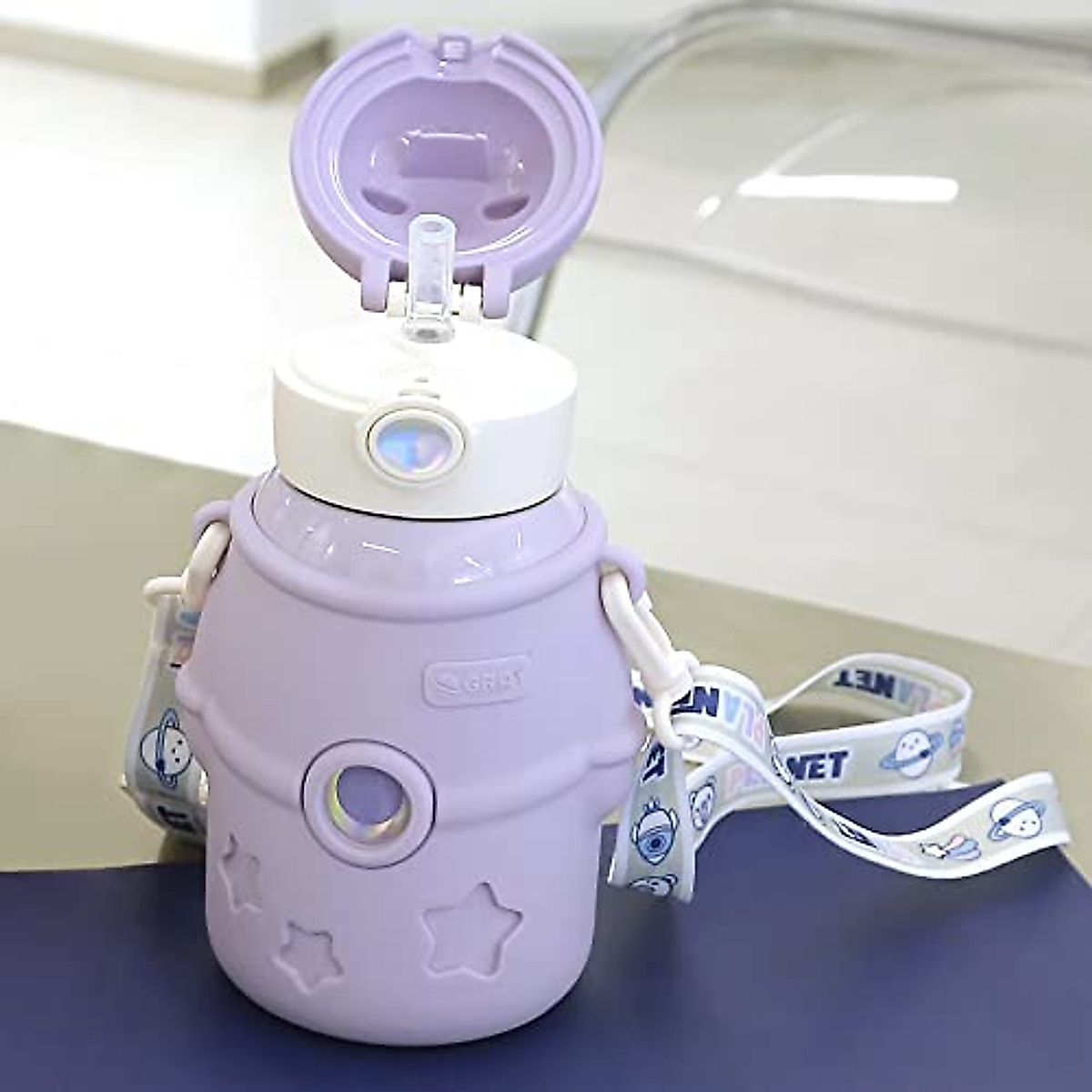 JQWSVE Kawaii Water Bottle Cute Stainless Steel with Straw and Stickers, Vacuum Insulated Cartoon Astronaut Thermos Carrier Holder for Boys Girls (500ml) Purple