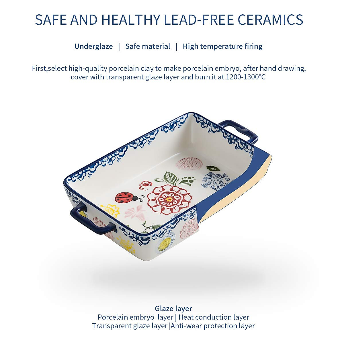 BFU Ceramic Baking Dish Rectangular Bakeware Set Baking Pan, 2-Piece Stoneware Hand-Painted Lasagna Pan for Cooking, Cake dinner (Blue, 10.63"L x 7.48"W x 2.28"H)