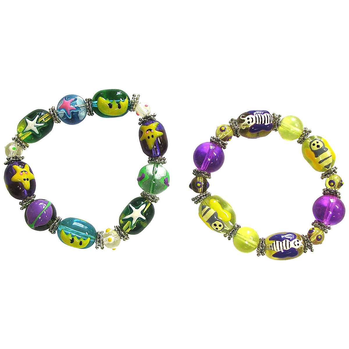 Linpeng GBP-062/070 2-Piece Fiona Hand Painted Moon Star Planet and Bees Glass Beads Stretch Bracelets