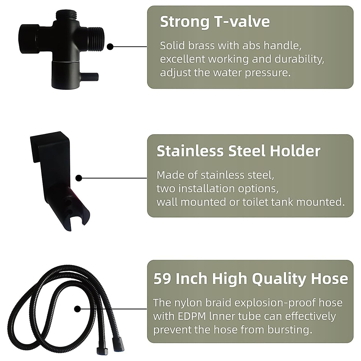 Handheld Bidet Sprayer for Toilet, Stainless Steel Leak Free T-Valve & Adjustable Jet Spray, Feminine Hygiene, Shower Sprayer for Pet, Wall or Toilet Mount Superior Complete Accessories (Black)
