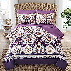 DJY Purple Comforter Set Queen, 7 Piece Bed in a Bag Boho Paisley Floral Comforter Set with Sheets Soft Microfiber Complete Bedding Set for All Season