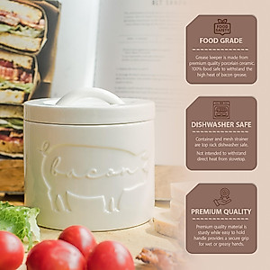 Briink Collective Ceramic Bacon Grease Container with Strainer Farmhouse Kitchen Decor Oil Storage Canister Grease Keeper Kitchen Counter Storage Container