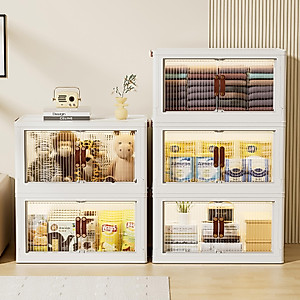 UFORU 18Gal/72QT Collapsible Storage Bins with Lid, 3 Packs 216QT Plastic Stackable Storage Bins with Open Front Door and Wheels, Storage Organizer Cabinet for Home, Office, Closets, Dorm