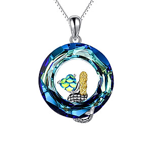 POPKIMI Mermaid Necklace Mermaid Scales 925 Sterling Silver Crystal Pendant Mermaid Jewelry I Love You Forever Jewelry Birthday Christmas Gift for Women Girls (Mermaid Necklace with Blue Circle Crystal)