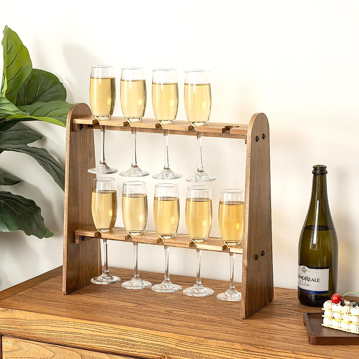 MyGift Industrial Metal Tabletop Wine Glass Holder Stand with 2 Hanger Bars and Shabby White Washed Wood Base - Countertop Stemware Drinking Glasses Hanging Rack