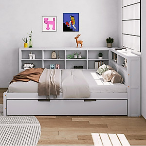 DEINPPA Full Size Platform Bed with L-Shaped Bookcase and Trundle, Wooden Captain Bed Frame with Bookcase Headboard for Kids Teens Boys Girls, No Box Spring Needed-White
