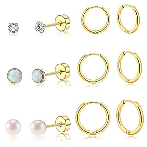 6 Pairs Gold Hoop Earrings Set, Opal/Pearl/Cubic Zirconia Stud Earrings for Sensitive Ears Hypoallergenic Small Huggie Hoop Earrings for Women Flat Back Earrings for Cartilage Helix Multiple Piercing