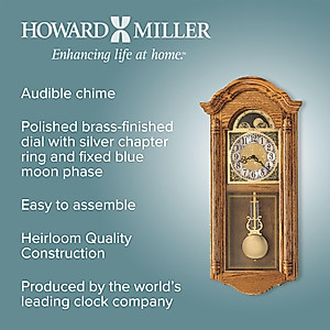 Howard Miller Fenton Wall Clock 620-156 – Golden Oak, Brass Pendulum Home Decor with Quartz Dual-Chime Movement