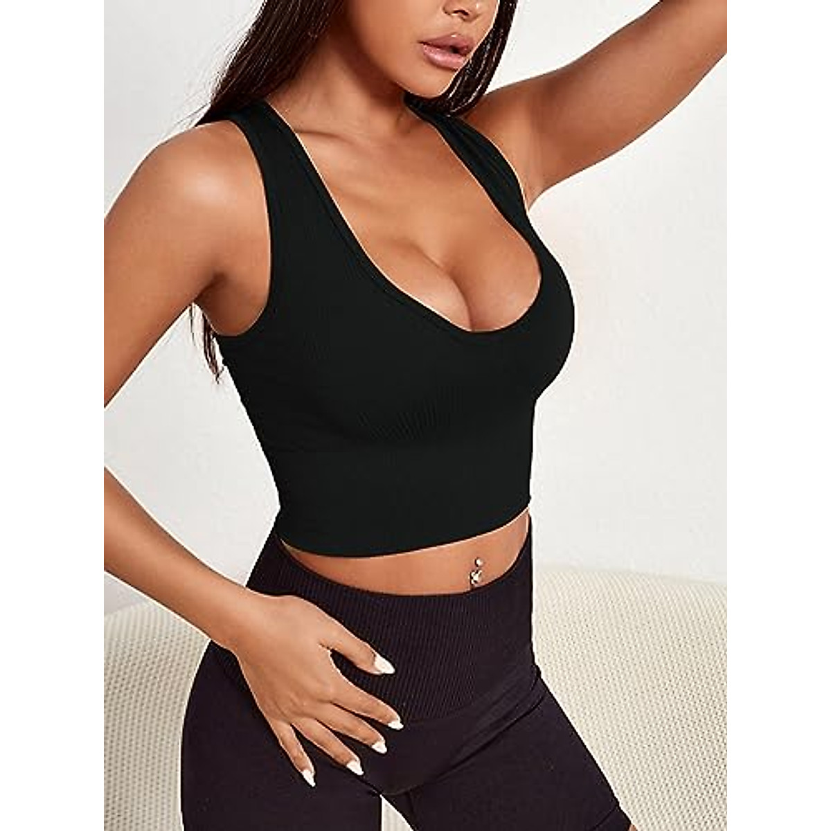 DYD Sexy Crop Tops for Women V Neck Ribbed Tank Tops Workout Seamless Racerback Top with Built in Bras Black