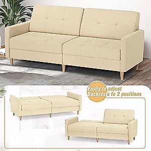 BIVVI Convertible Folding Loveseat Couch 77” Long Linen Fabric Sofa Bed with Adjustable Backrest and Wooden Legs,Large Sleeper Lounge Couch for Living Room Dorm Guest Home Office Apartment,Beige