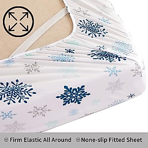 Mooreeke Christmas Holiday Full Sheets, Snowflake Printed Full Bed Sheet Set with Deep Pocket Non-Slip Fitted Winter Sheet