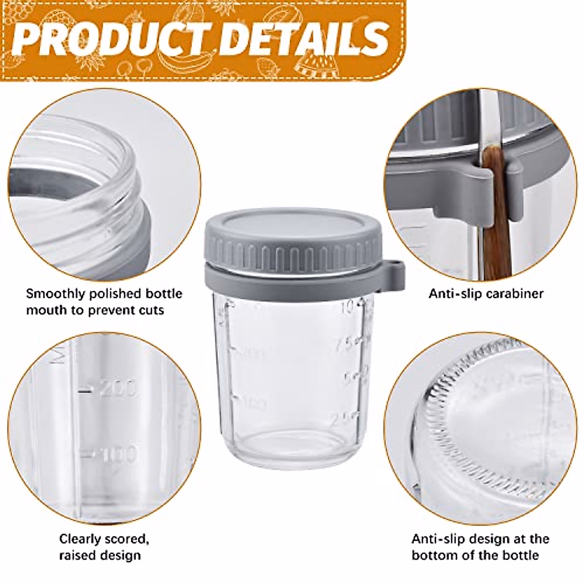 Nialnant Overnight Oats Jars with Lid and Spoon,10 Oz Airtight Overnight Oats Container with Measurement Marks,Mason Jars for Overnight Oats,Fruit,Vegetable