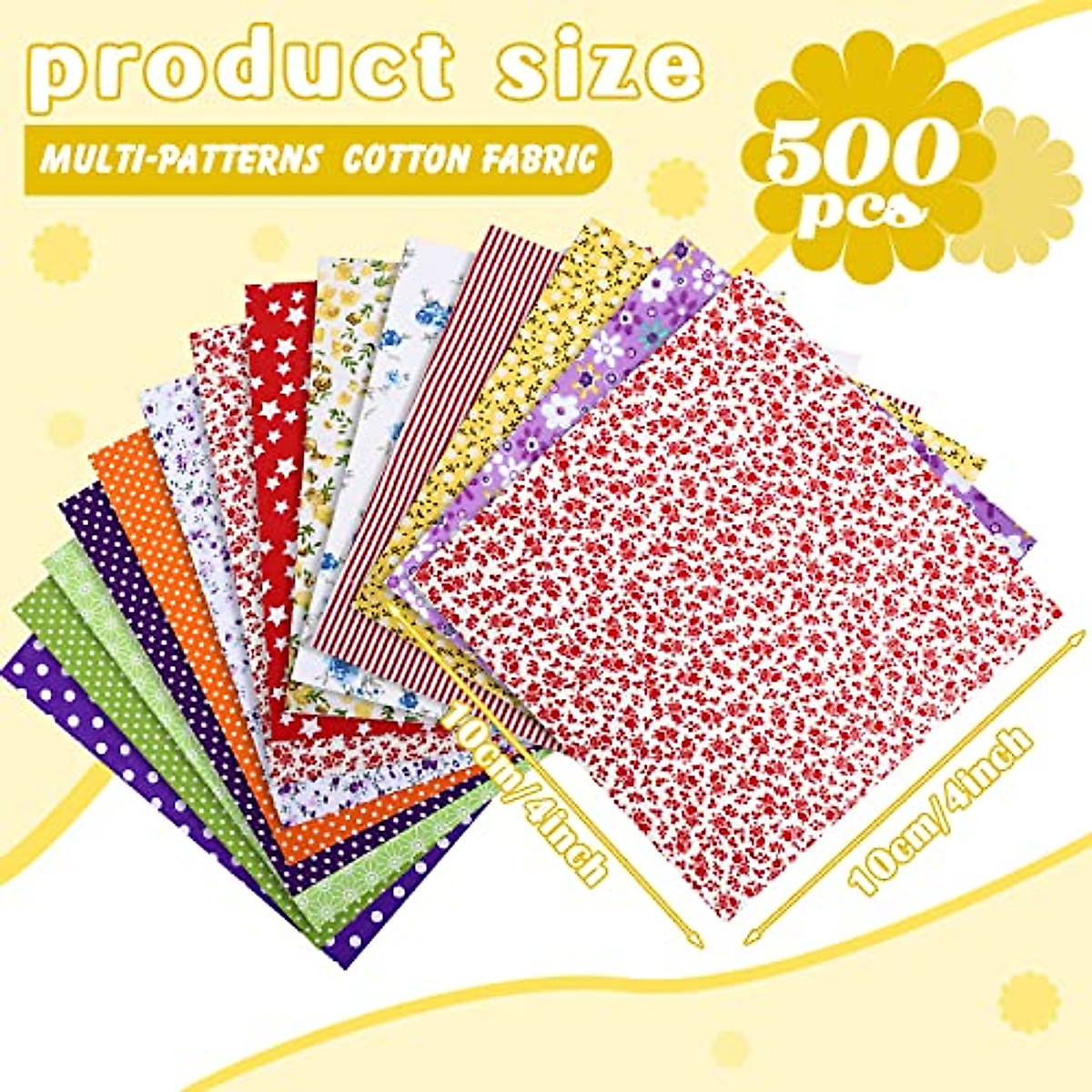 500 Pcs 4 x 4 Inches Cotton Fabric Square Pre Cut Quilt Squares Fabric Bundles Patchwork Fabrics Floral Printed Square Patchwork Fabric Quilting Fabric for DIY Craft Sewing Clothing Accessory
