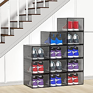 6 Pack Sneaker Storage, Sneaker Boxes Clear Plastic Stackable, Hard Plastic Shoe Storage, Sneaker Storage for Sneakerheads, Drop Front Shoe Box with Lids, Sneaker Containers Fit Up to US Size 12 (13.4"x 10.6"x 7.4")