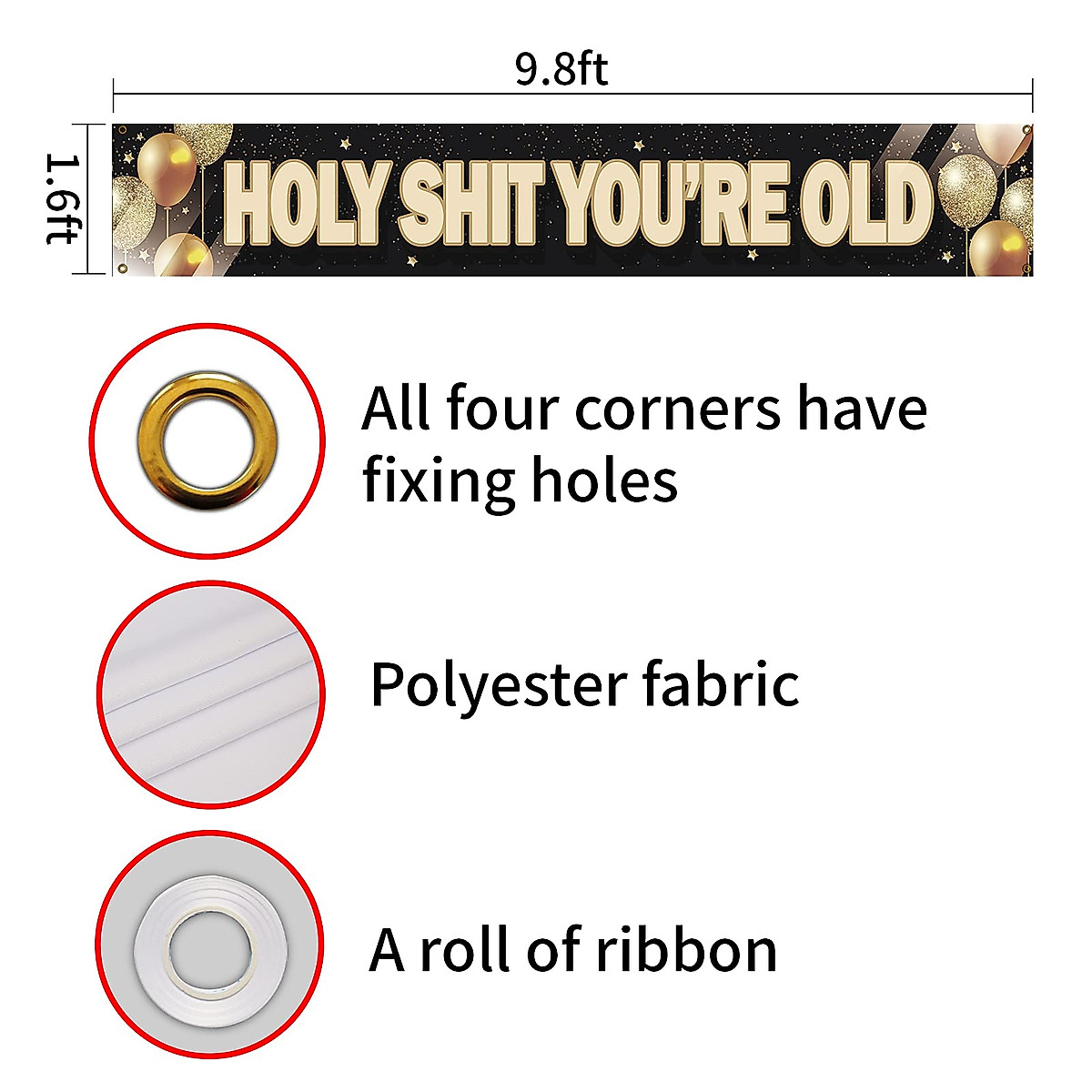 Holy Shit You’re Old Large Banner, Funny Birthday Banner, Happy Birthday Lawn Sign Porch Sign for 30th 40th 50h 60th 70th 80th 90th Birthday Party, Indoor Outdoor Backdrop 8.9 x 1.6 Feet