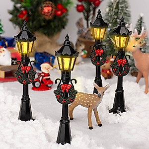 Christmas Mini Street Light Models, 4 Pcs Mini Street Lamp Dollhouse Streetlight Models, Miniature Christmas Village Pathway Lantern Post for DIY Micro Landscape Fairy Garden Accessories